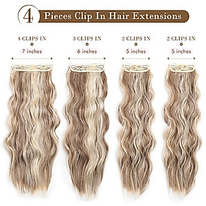 REECHO Hair Extensions, 20 Inch 4PCS Synthetic Fiber Clip in Hair Extensions Natural Soft Hairpieces for Women, Dark Blonde with Highlights