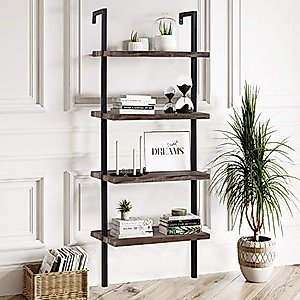 Bookshelf 4-Tier Wall Mount Ladder Storage Industrial Bookcase Shelf Modern Wood Book Shelf Unit with Metal Frame for Home Office Living Room