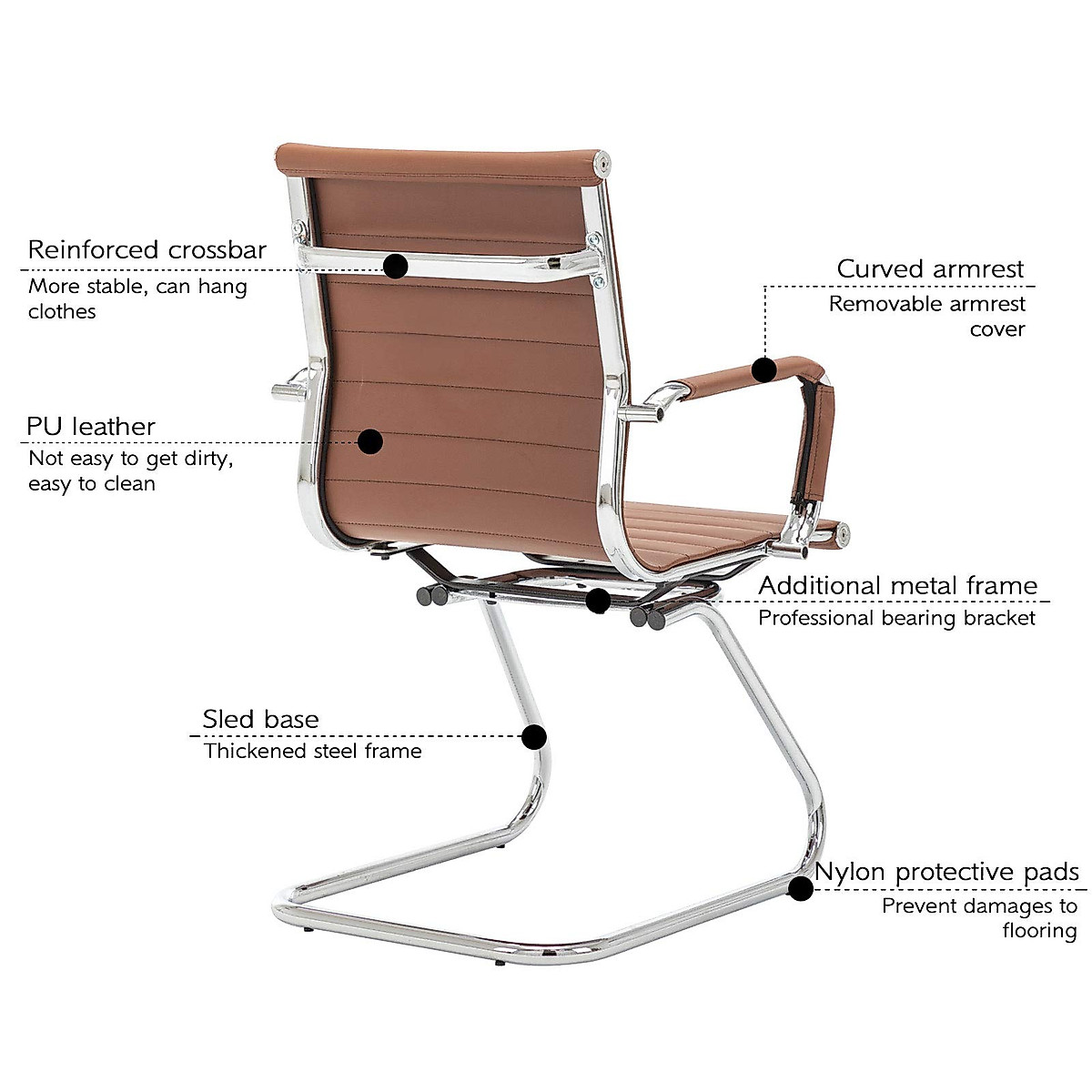 Guyou Office Reception Guest Chair Mid Back PU Leather Metal Leg Sled Base Conference Reception Room Chairs with Arms (Coffee, 2 PCS)