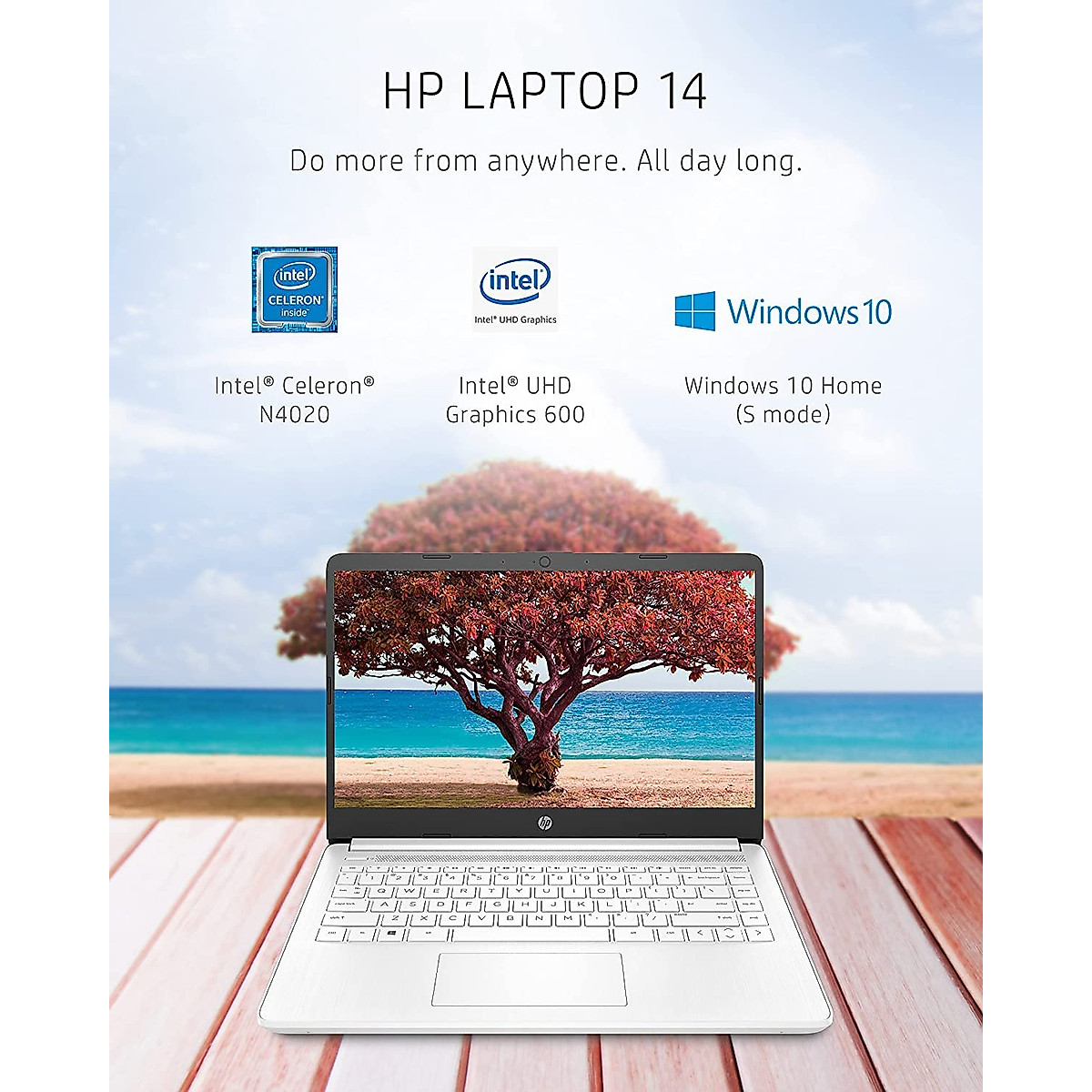 HP 14 Series 14" Touchscreen Laptop, 4GB RAM, 128GB Storage (64GB eMMC+64GB Card), Intel Celeron N4020, Intel UHD Graphics 600, WiFi, Webcam, 1-Year Office 365, Win 11, Snow White, W/GaLiMu