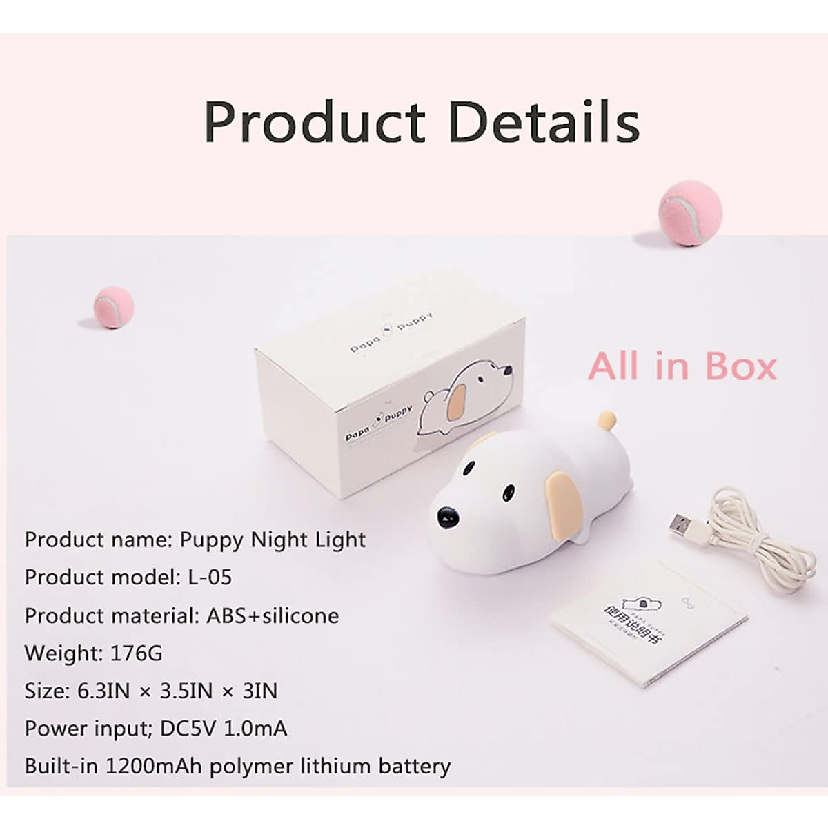 HAPPYBAG Kids Night Light,Cute Soft Silicone Dog Lamp Dimmable Nursery Portable Puppy Kawaii Lamps,Bedside Lamp for Baby and Toddler,Boy Girls