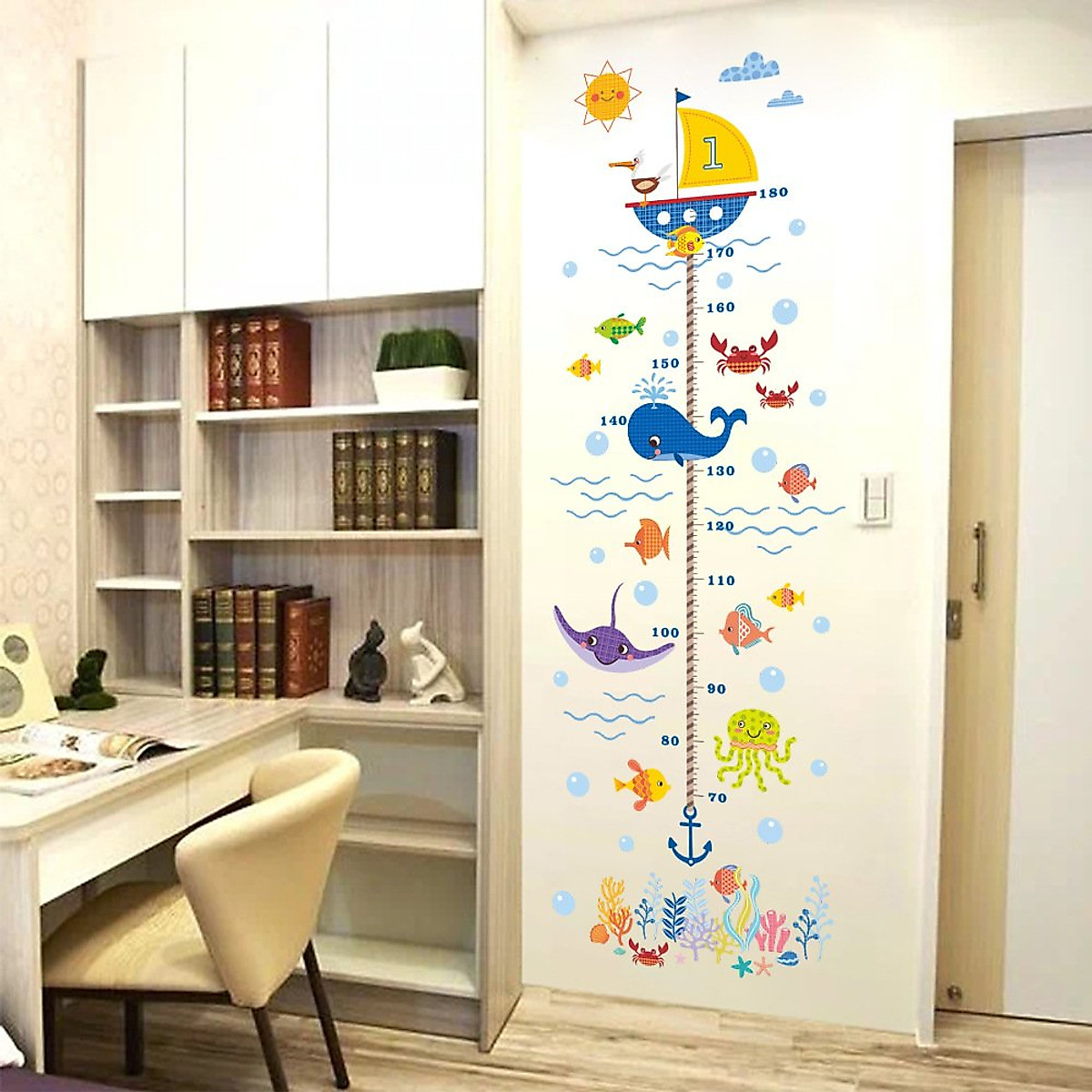 Wland 22 inches x 67 inches Undersea Fish Whale Octopus Crab Growth Chart Removable Vinyl Wall Decals Stickers for Children Room Nursery