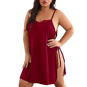 XAKALAKA Women Plus Size Lace Babydoll Lingerie Side Slit Strappy Chemise Sleepwear Wine XL