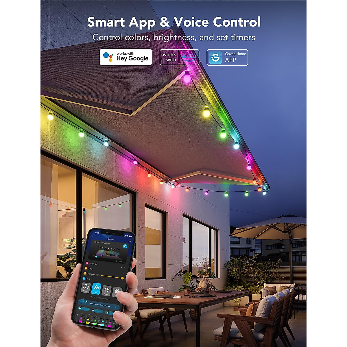 Govee Outdoor String Lights H1, 50ft RGBIC Outdoor Lights with 15 Dimmable Warm White LED Bulbs, Smart Outdoor Lights with 60 Scene Mode, IP65 Waterproof, Work with Alexa for Party, Daily Lighting