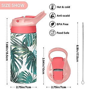 Tropical Palm Leaves Kids Water Bottle, Vacuum Insulated Stainless Steel, Double Walled Leakproof Tumbler Travel Cup for Girls Boys Toddlers, 12 oz