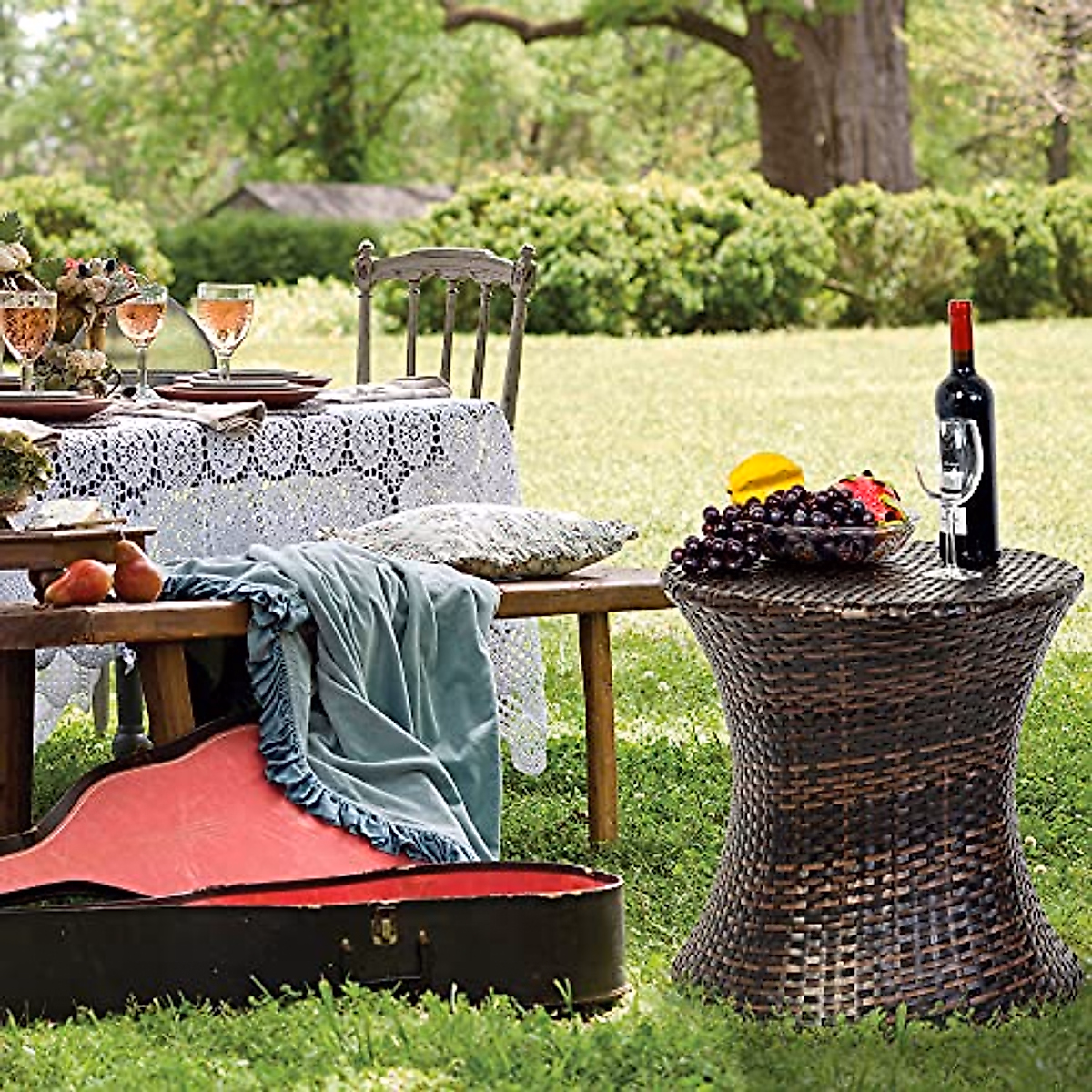 Sundale Outdoor Small Side Table Patio Rattan End Table 20 Inch Hourglass Wicker Accent Tables Steel Frame Lightweight Brown Mesa Auxiliar pequeña Mesa Auxiliar de ratán marrón