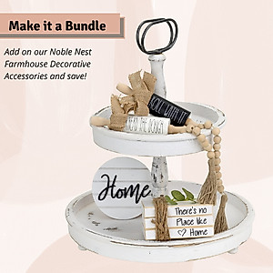 Noble Nest Farmhouse Tiered Tray, Two Tiered Tray, Rustic Farmhouse Kitchen Decor with Metal Handle and Distressed White Finish, Decorative Tray, Modern Farmhouse Decor - Brown Tiered Tray