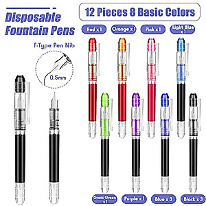 12 Pieces Disposable Fountain Pens, Quick-Drying Ink Pen, Smooth-Writing Multicolor Art Supplies for Sketching, Journaling, Calligraphy and Doodling (Mixed Colors)