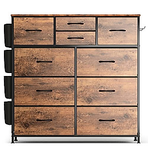 Lulive 10 Drawer Dresser, Chest of Drawers for Bedroom with Side Pockets and Hooks, Fabric Storage Dresser, Sturdy Steel Frame, Wood Top, Organizer Unit for Nursery, Hallway, Closet (Rustic Brown)