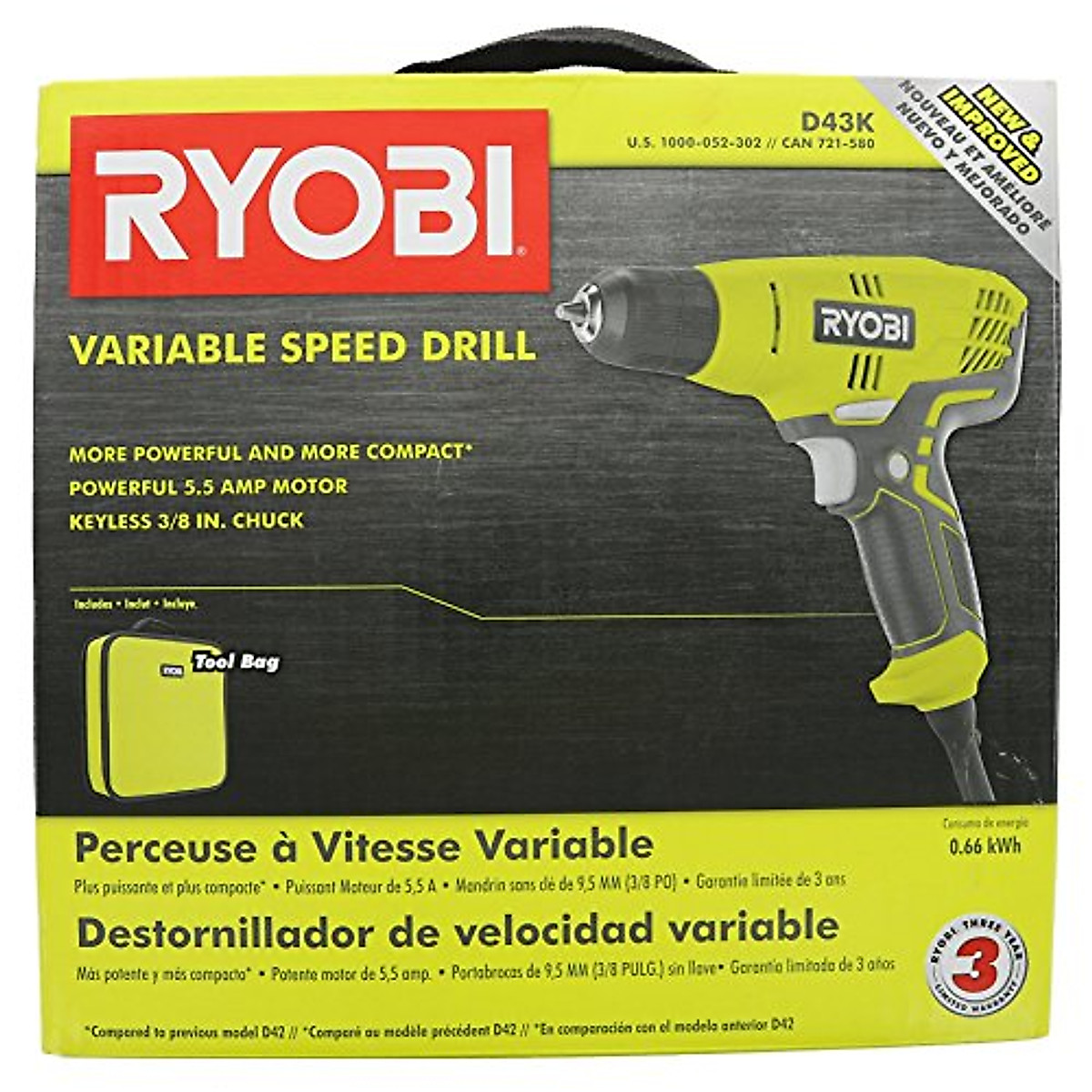 Ryobi D43K 5.5 Amp 3/8 Inch 1,600 RPM Variable Speed Trigger Corded Power Drill
