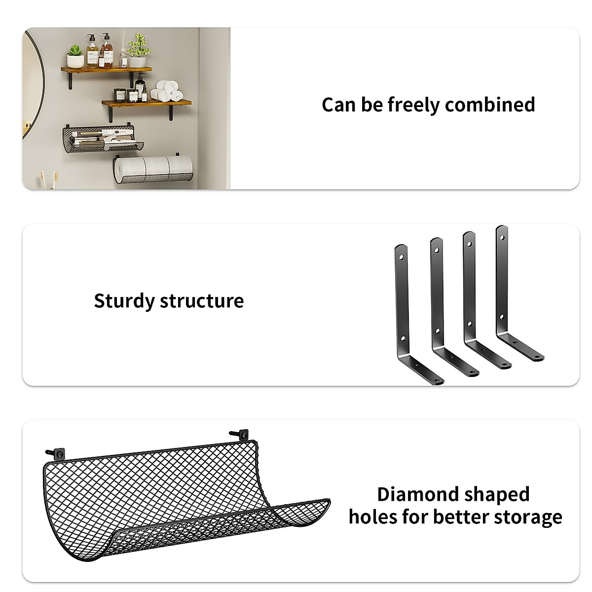 2+2 Wood Floating Shelves for Wall Decor,Bathroom Shelf Over Toilet with Hair Tool Organizer,Curling Iron Holder Wall Mounted,Bathroom Organizer for Hair Straighteners,Curling Wands，Toilet Paper