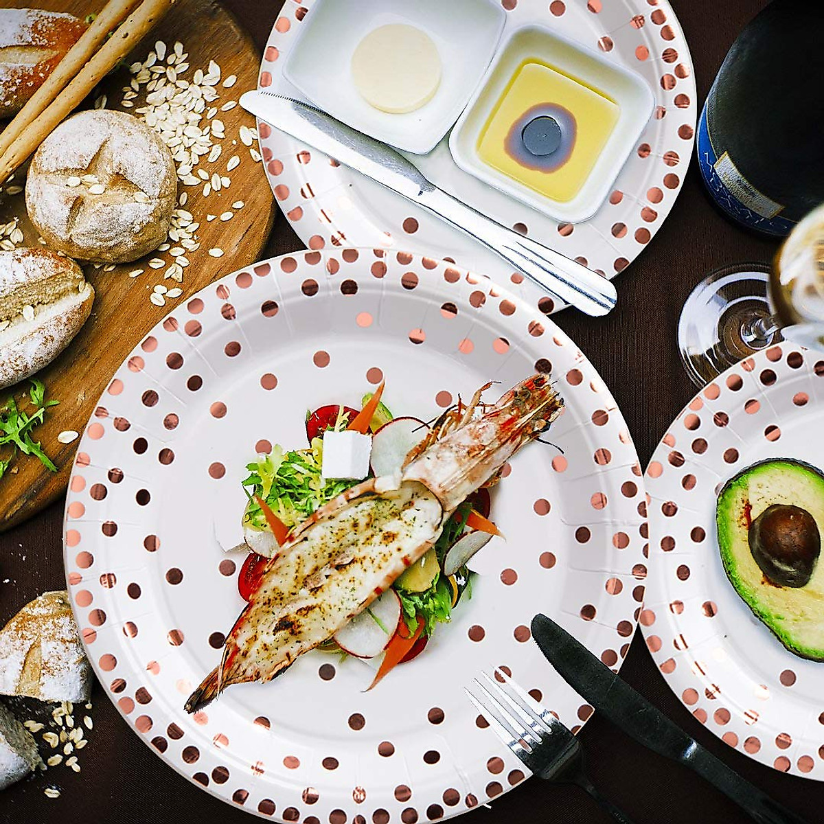 hapray 201PCS Disposable Paper Plates Rose Gold Party Supplies, Polka Dots Birthday and Baptism Decorations, include Cups, Napkins, Plastic Tablecloth, for Baby Shower