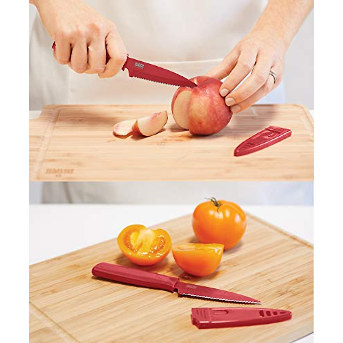 KUHN RIKON COLORI Non-Stick Serrated Paring Knife with Safety Sheath, 4 inch/10.16 cm Blade, Red