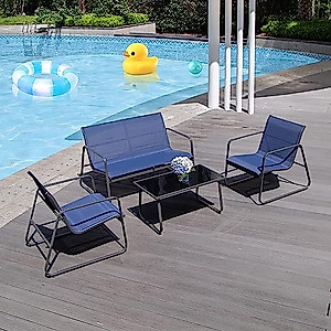 PAIQIAN 4 Pieces Patio Furniture Set Outdoor Patio Conversation Sets Poolside Lawn Chairs with Glass Coffee Table Porch Furniture for Courtyard, Garden and Balcony (Blue)