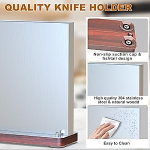 Magnetic Knife Holder Stand Block: Double Sided Magnetic Knife Holder Without Knifes Stainless Steel Knife Display Storage Rack for Kitchen Counter with Strong Enhanced Magnet and Wood Base - Silver