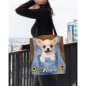 IZI POD Personalized Chihuahua with Sunflower Tote Bag - Custom Tote Bags with Name, Gift for Dog Mom, Women Bag Shoulder, Canvas Tote Grocery, Gift for Dog Lover, Girl Shopping Handbag