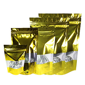 Pack of 100 Shiny Glossy Color w/Clear Window Stand-Up Heat Sealable Zip Top Bags (Shiny Gold w/Window, 10x15cm (4x6"))