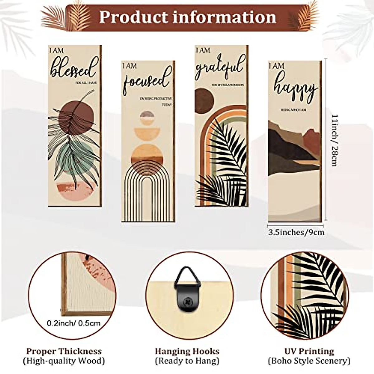 Boho Wall Art Prints 11 x 4 x 1 Inch, Set of 4, Mid Century Positive Affirmations Wall Decor Inspirational Boho Prints Wall Art Minimalist Home Decor Prints for Kitchen, Bedroom, Living Room, No Frame