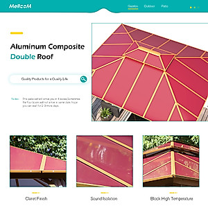 MELLCOM 10' x 12' Hardtop Gazebo, Wooden Finish Coated Aluminum Frame Outdoor Gazebo with Aluminum Double Roof, Claret Metal Gazebo with Curtains and Nettings for Patios, Gardens, Lawns, Parties