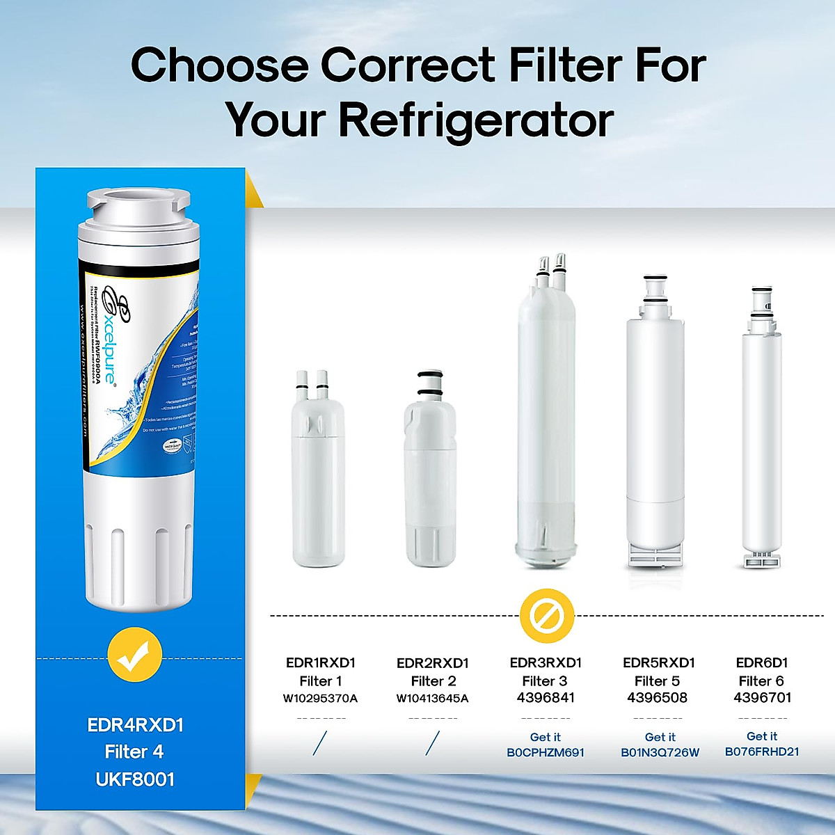 EXCELPURE UKF8001 Replacement for Whirlpool FILTER 4, EDR4RXD1, 4396395, WRX735SDBM00, RWF0900A, EFF-6007A, MFI2568AES, MFI2569VEM, RFC0900A, WF295, PURICLEAN II, Refrigerator Water Filter, 3PACK