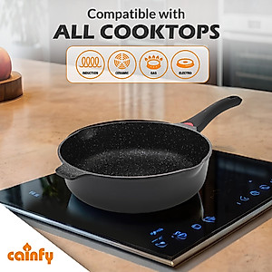 11 Inch Non Stick Deep Frying Pan Granite Coated with Pour Spout - Lightweight 4.27 Quart Skillets and Frying Pans with Comfort Stay Cool Grip Handle - Induction Compatible PFOA Free Frying Pan