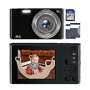 Digital Camera 4K 44MP Compact Point and Shoot Camera with 16X Digital Zoom 32GB SD Card,Kids Camera 2.4 Inch, Vlogging Camera for Teens Students Boys Girls Seniors(Black2)