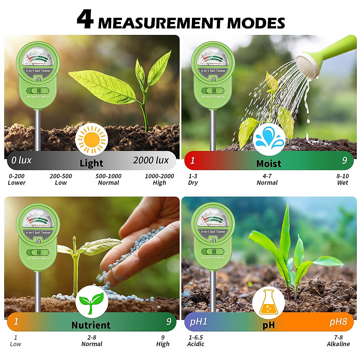 Soil Moisture Meter 4-in-1 Soil Ph Meter Water Monitor Soil Moisture/Light/Nutrients/pH Meter for Gardening Lawn Farming Indoor & Outdoor Promote Plants Healthy Growth No Batteries Required (Green)