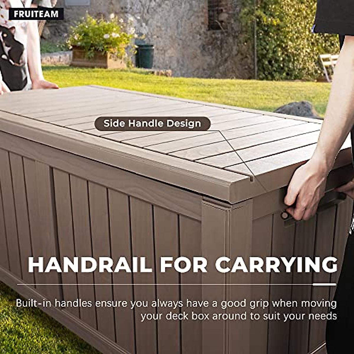 FRUITEAM 120 Gallon Outdoor Storage Box, Low Maintenance, Lockable Resin Deck Box for Patio Furniture Cushions, Pillows, Pool Noodles, Garden Tools