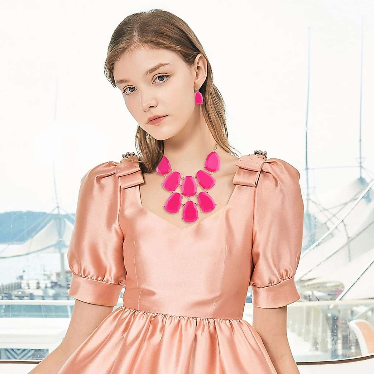 Firstmeet Statement Bubble Chunky Pendant Necklace with Earrings(XL-1123-Hot Pink)