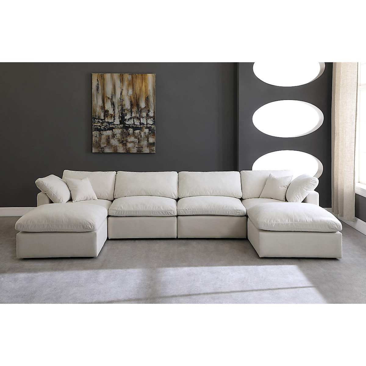 Meridian Furniture 602Cream-Sec6B Plush Collection Contemporary Down Filled Comfort Overstuffed Velvet Upholstered Modular U-Shaped Sectional 4-Seater and 2 Ottomans Cream