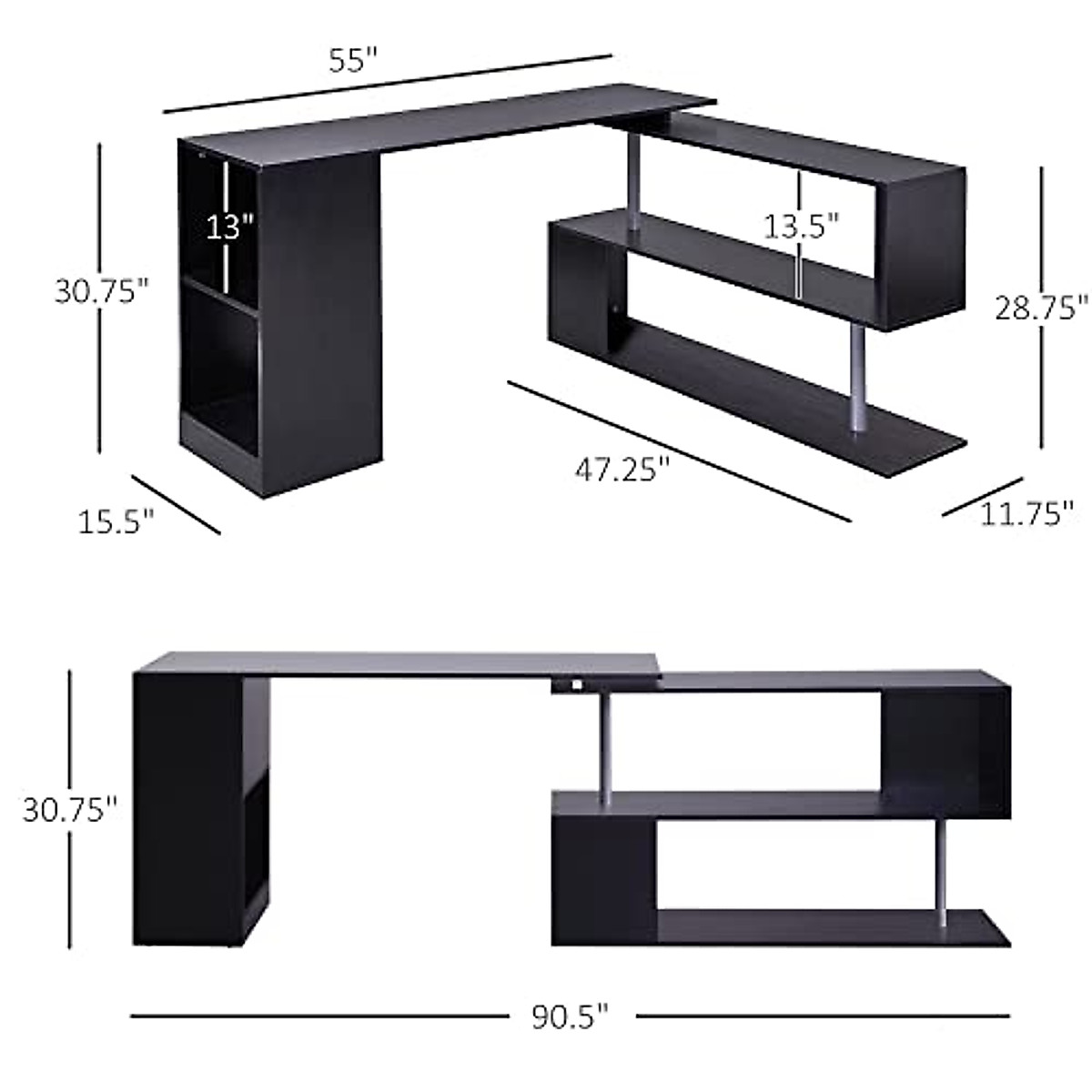 HOMCOM 55" 360° Rotating Corner Computer Desk Modern L-Shaped Home Office Workstation with 3-Tier Storage Shelves, Bookshelf, Black