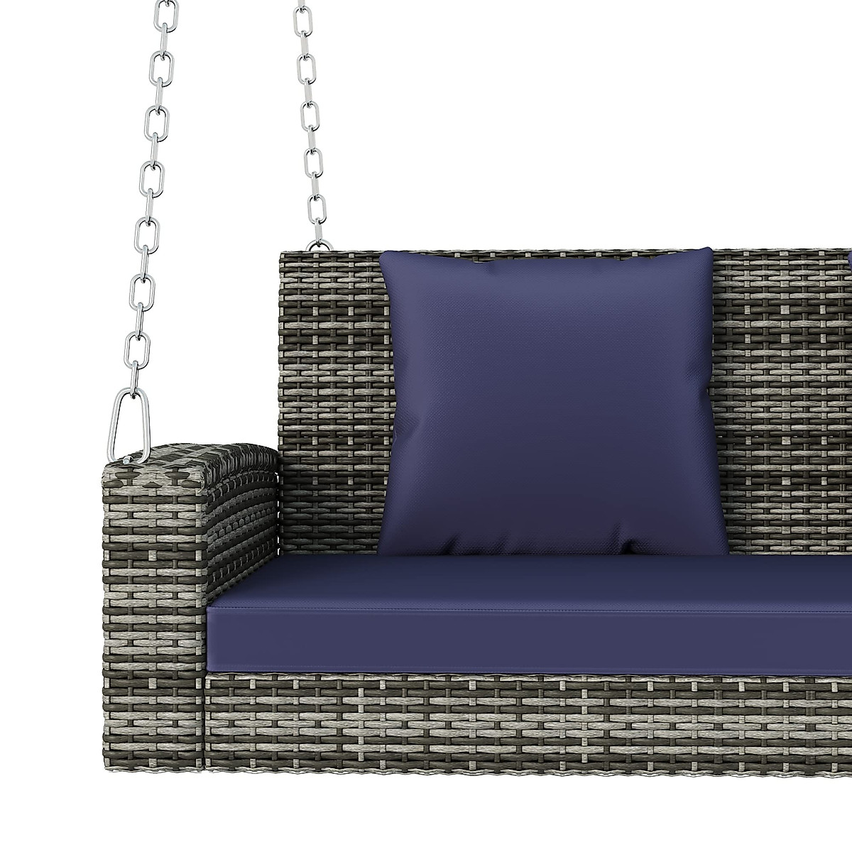 ERYE Outdoor PE Wicker Swing Chains, Pillows for Garden, Backyard, Pond Porch Furniture Set, 2 Seaters Double Rattan Cushioned Conversation Hanging Sofa & Couch, Gray+Blue