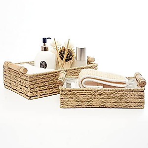 HOSROOME Round Paper Rope Storage Basket Wicker Baskets for Organizing with Handle Decorative Storage Bins for Countertop Toilet Paper Basket for Toilet Tank Top Small Baskets Set (Set of 2,Beige)