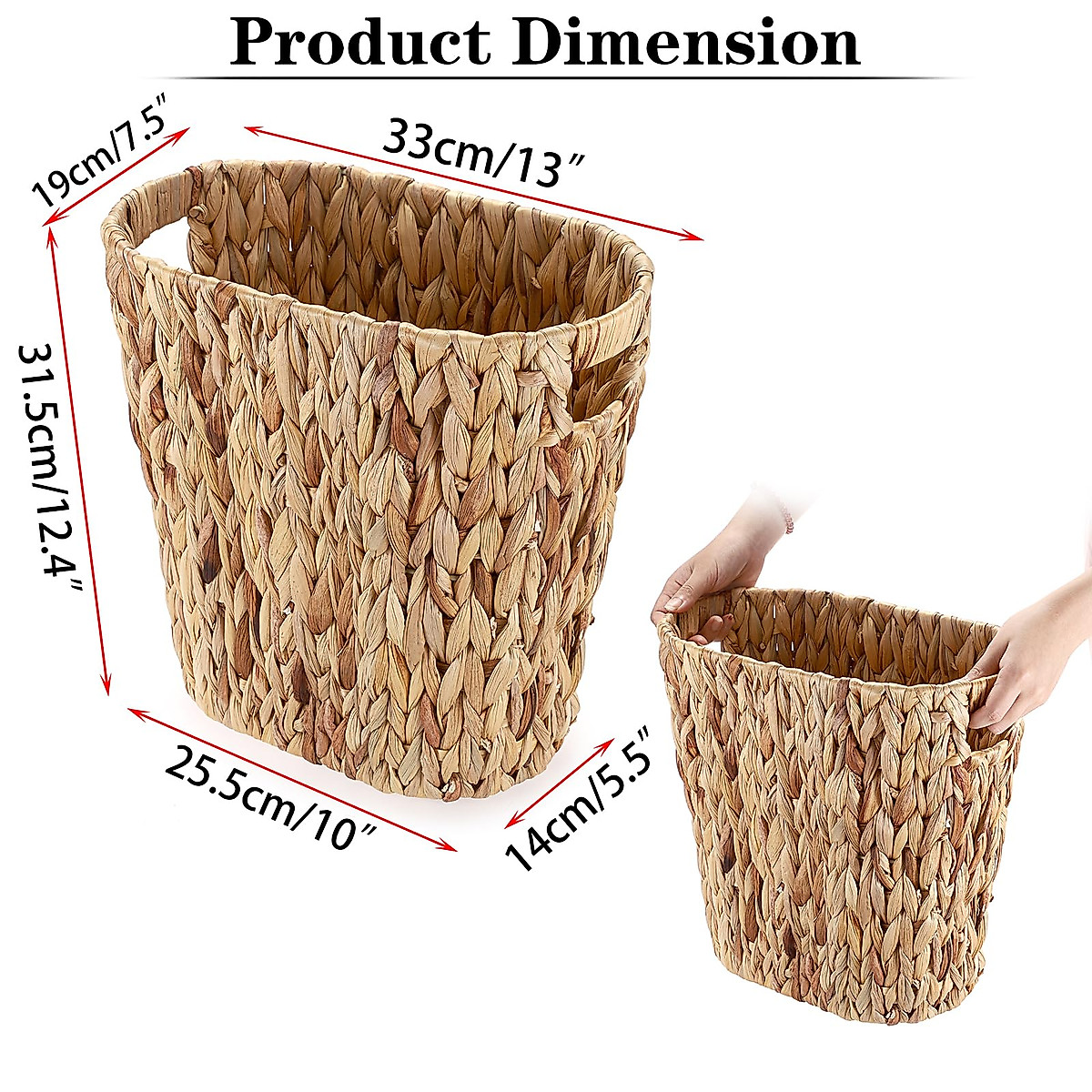 Sumnacon Wicker Trash Can Water Hyacinth Wicker Waste Basket with Handle Space-Saving Oval Bathroom Trash Can for Wastepaper,Magazine,Toy Multiple Garbage Can for Bedroom,Living Room,Kitchen,Office
