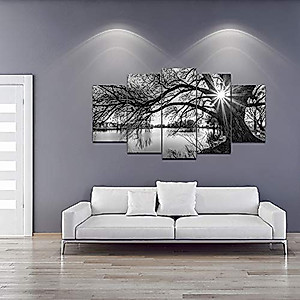 sechars - 5 Pieces Wall Art Old Tree by Lake Picture Canvas Prints Sunrise Painting Black and White Landscape Canvas Art Modern Wall Decoration Framed and Ready to Hang