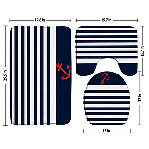 Nautical Anchor Bath Mat Red Anchors Navy Blue White Stripe Tropical Ocean Sea Life Creative Navigation Art Microfiber Memory Foam Absorbent Rug Floor Mats Bathroom Decor,Navy Blue White