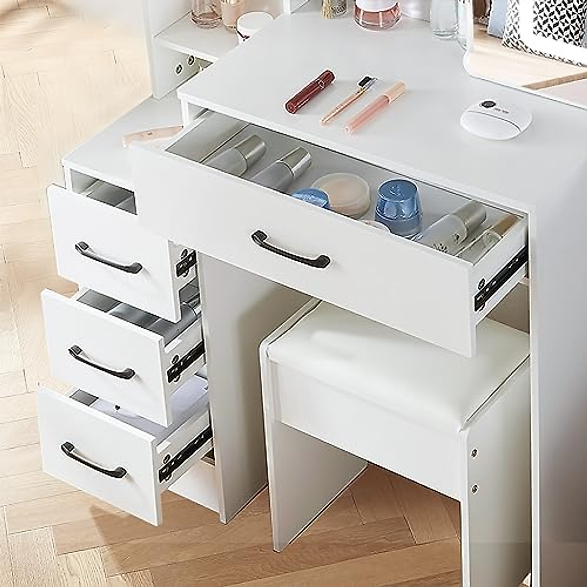 Vanity Desk with LED Light in 3 Colors, Modern Vanity Table with 4 Drawers and 7 Shelves, 3 Lighting Modes Dressing Table with Chair and Sliding Mirror for Bedroom