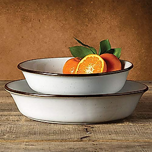 Tabletops Gallery Speckled Farmhouse Collection- White Brown Stoneware Serving Bowl Platter, 2 Piece Geneva Nesting Oval Bowl Set