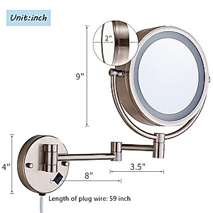Cavoli Bathroom Extension Mirror 9 Inches with LED Lighted 7X Magnification Beauty, 3 Colors Lights Modes,13" Extension Arm Magnifying Vanity Mirror Electric Plug Powered, Brushed Nickel