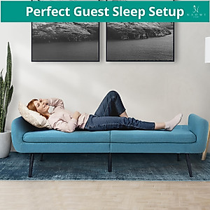 Naomi Home Raven Modern Futon Sofa Bed, Convertible Sofa Futon, Split Back Linen Sleeper Couch for Living Room, Mid Century Modern Couch Bed, Fold Out Couch Bed with Tapered Legs Seafoam Blue