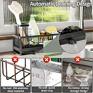 SWTYMIKI Sponge Holder for Kitchen Sink - Sink Caddy with Brush Holder Self-draining Kitchen Sponge Caddy Organizer with Divider Stainless Steel Sink Accessories Storage for Countertop, Black