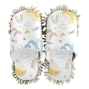 FLildon Microfiber Cleaning Slippers Cartoon Rainbow Whale Washable Mop Shoes Slipper for Men/Women House Floor Dust Cleaner, Size L
