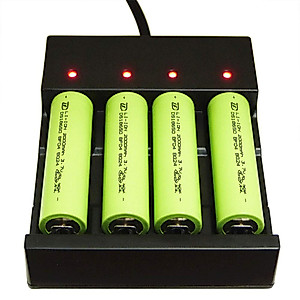 ZYAMY USB Smart Battery Charger 4-Slot 5V for Rechargeable Batteries 3.7V Li-ion 10440, 14500, 16340, 16650, 14650, 13350, 18500, 18650, 26650