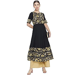 Yash Gallery Women's Cotton Floral Print Anarkali Kurta (Black)