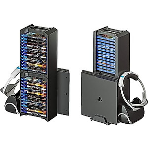 Skywin-Video Game Storage Stand Tower, Video Game Storage Organizer for PS5/ PS4/ PS3/ Xbox Series S & X/Xbox one Game, VR/Headset Hanger, 24 CD Storage Disk Tower for PS (Black)