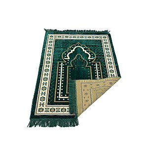 TB Islamic Prayer Rug Thick Soft Velvet Muslim Mat Unique Arabic Turkish African Embroidered Design Prayer Bead Daily Salah Prayer Meditation Ramadan Eid Gift for Women Men Kids (Green)