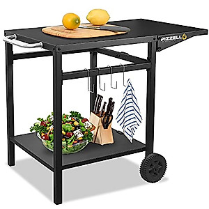 PIZZELLO Outdoor Grill Dining Cart Movable Pizza Oven Trolley BBQ Stand Double -Shelf Outdoor Worktable with 2 Wheels and 4 Hooks