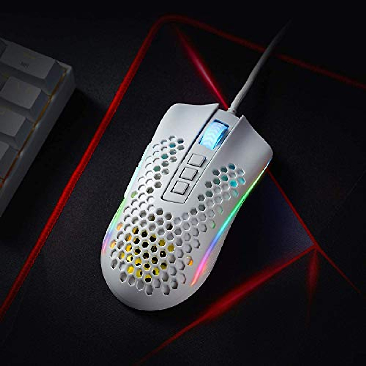 Redragon M808 Storm Lightweight RGB Gaming Mouse, 85g Ultralight Shell - 12,400 DPI Optical Sensor - 7 Programmable Buttons - Precise Registration - Super-Lite Cable - White