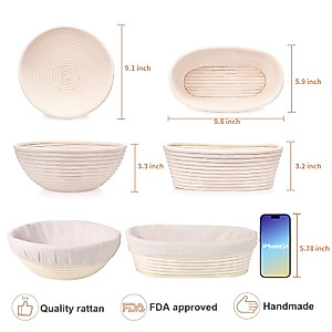 HOMEDISIAC Banneton Bread Proofing Basket Set, 9 Inch Round & 10 Inch Oval, Natural Rattan Material, Ideal for Sourdough Bread Baking, Includes Linen Liner and Dough Scraper, Great Gift Idea