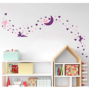 IKEYU Fairy Wall Sticker Girls Fairy Wall Decals Nursery Fairies Wall Stickers Butterfly Pink Purple Star Heart Wall Decals for Girls Bedroom Kids Room Decor